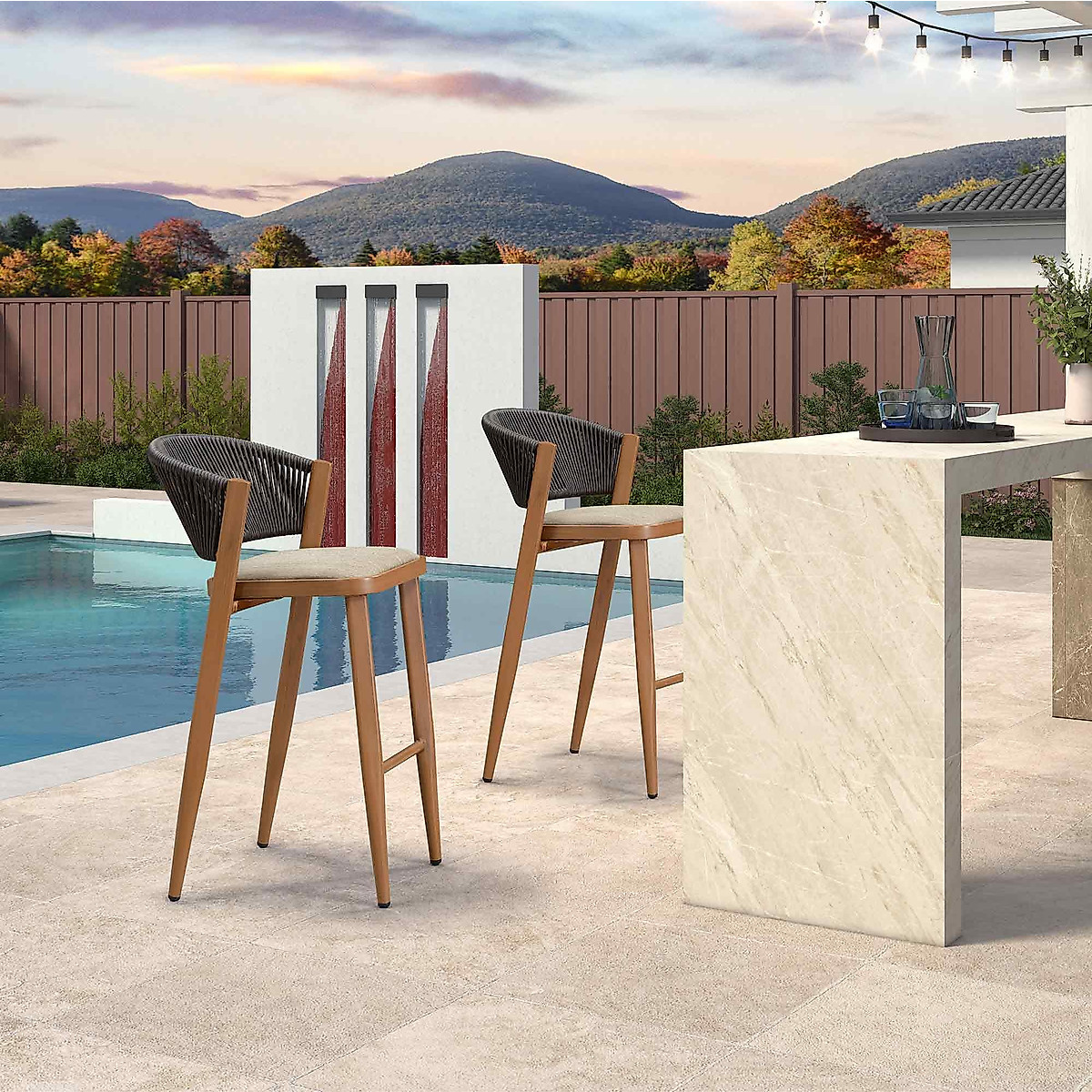 PURPLE LEAF Bar Stool Set of 2 Outdoor Bar Chairs with Footrest Aluminum Bar Height Stools Wicker Brown Barstools