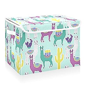 CaTaKu Llama Alpaca Green Storage Bins with Lids Fabric Large Storage Container Cube Basket with Handle Decorative Storage Boxes for Organizing Clothes Shelves