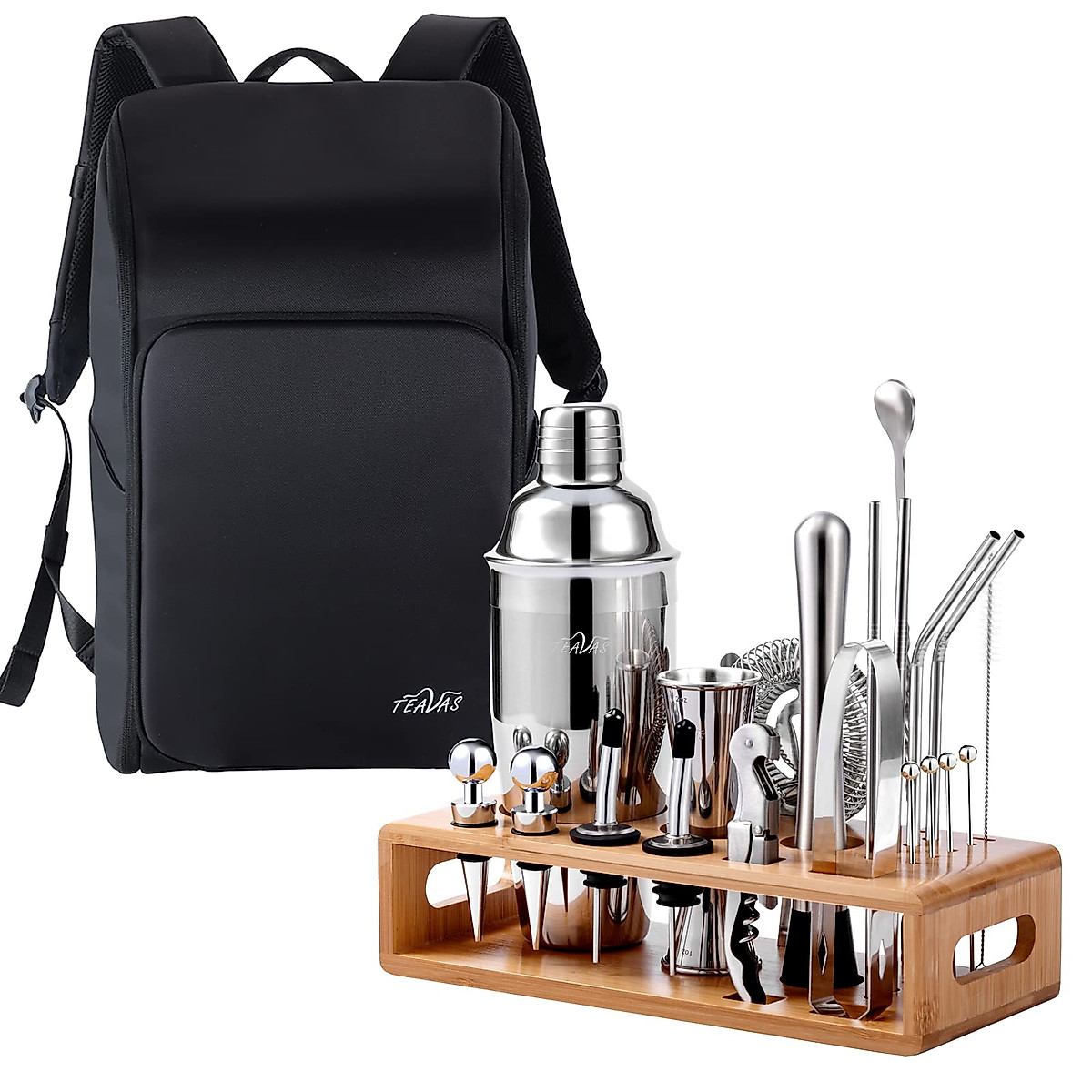 Teavas Bartender Traveling Backpack and mixology Bartender Tool Kits with Bamboo Stand | 25 Pieces of Cocktail Shaker Set with Recipe menu | Barware Present Gift
