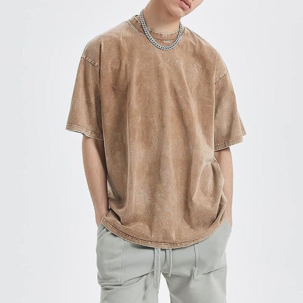 Vamtac Men's Cotton T-Shirts Oversized Half Short Sleeves Casual Loose Solid Streetwear Tee Tops Sand Small