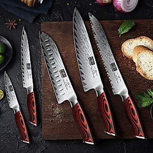 Kitchen Knife Set with Block, 7 Pieces Chef Knife Set 67 Layers Damascus Steel Professional Knife Set for Cooking, Ergonomic G10 Handles with Sharpener