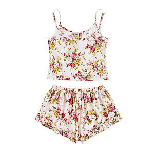 SheIn Women's Pajamas Sets Button Front Tank and Shorts Lounge Set Sleepwear White Floral X-Large