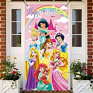 Princess Girls Birthday 36x72inch Door Cover Banner Cartoon Princess Pink Rainbow Castle Party Porch Sign Decor Kids1st 2nd Happy Birthday Indoor Outdoor Decoration Supplies