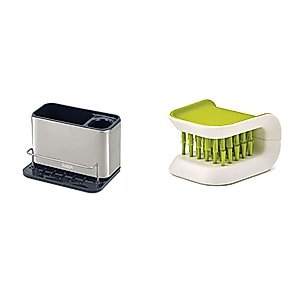 Joseph Joseph 85112 Surface Sink Caddy Stainless Steel Sponge Holder Organizer Tidy Drains Water, Silver & BladeBrush Knife and Cutlery Cleaner Brush Bristle Scrub Kitchen Washing Non-Slip, Green