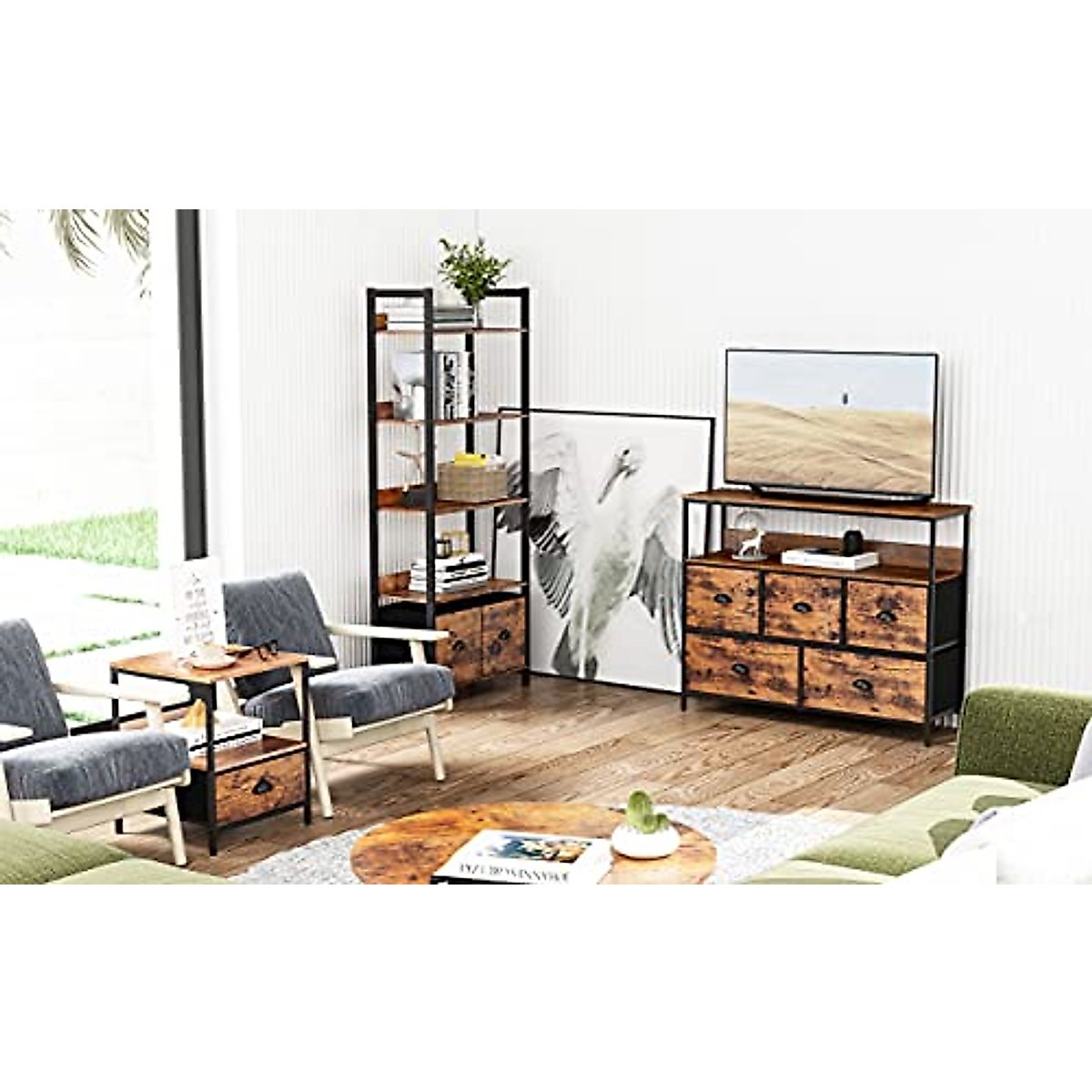 Furologee 6-Tier Bookshelf and Nightstand Set, Tall Bookcase and Rustic End Table with Fabric Drawers, Metal Frame, Rustic Brwon