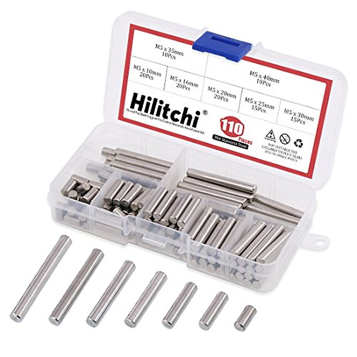 Hilitchi 110 Pcs Dowel Pin Stainless Steel Shelf Support Pin Fasten Elements Assortment Kit - Size Include 5mm x 10mm / 16mm / 20mm / 25mm / 30mm / 35mm / 40mm