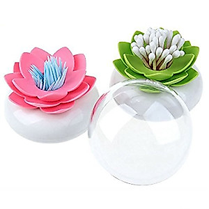 JforSJizT 2pcs Lotus Cotton Swab Holder,Q-Tips Toothpicks Canisters Holder with Clear Lid Dustproof Cover,Cotton Bud Brushes Holder Box Case Storage Organizer Jar(Green + Pink
