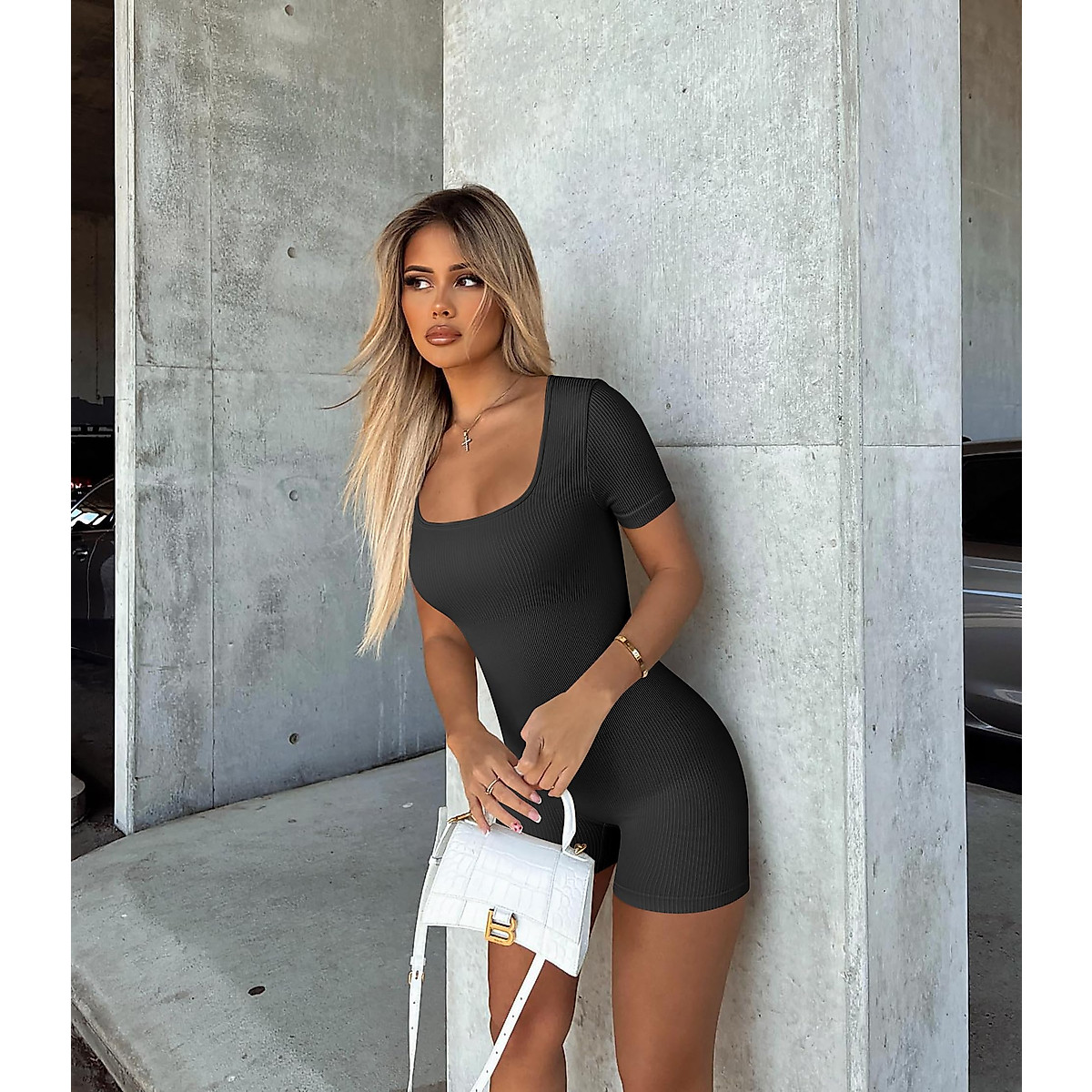 OQQ Women Yoga Rompers Workout Ribbed Short Sleeve Sport Romper Black