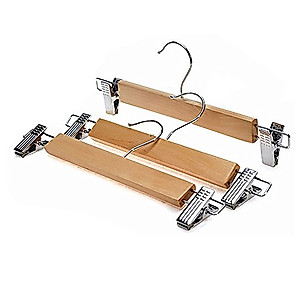 LOHAS Home 10-Pack Natural Finish Wooden Pant Skirt Hangers with 2-Adjustable Anti-Rust Clips