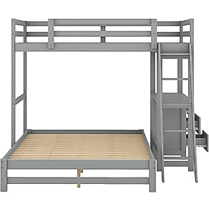 Bunk Beds Twin Over Full Size with Built-in Desk and Three Drawers, Wooden Storage Bunk Beds with Removable Bottom Bed ,Bunk Beds with Ladder & Guardrails for Kids Girls Boys ,Grey