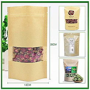 50pcs Kraft Stand Up Pouches, Zip Lock Bags, with Notch and Matte Window, 12x20 cm (4.7 x 7.8 Inch)