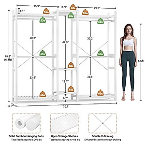 Homykic Bamboo Clothes Rack, Large Closet System Clothing Rack for Hanging Clothes, Freestanding Garment Rack with Shelves and 5 Rods, Open Wardrobe Organizer with 4 Hooks, 70”Wx77”H, White