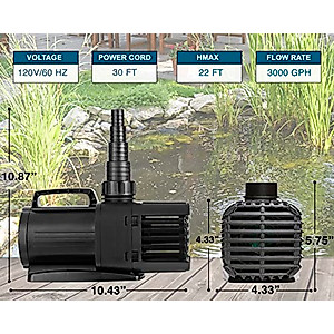 Homewell 3000 Gallons per Hour Electric Water Pump with 2 Nozzles Ultra Quiet Submersible Pump for Fountains, Waterfalls, Water Circulation, Koi Ponds Pump, Water Gardens (3000 GPH)
