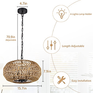 Farmhouse Rattan Pendant Lights, 15.7" 4-Light Boho Chandelier Light Fixture, Wicker Hand Woven Basket Pendant Hanging for Dining Room Living Room Kitchen Island Bedroom Foyer, Height Adjustable