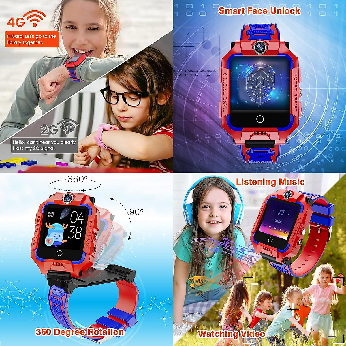 OKYUK 4G Kids Watch Phone T10, Funny 360° Rotation Screen Dual Camera Smart Watch for Boys Girls, IP67 Waterproof, 2-Way Calls, GPS, SOS, Video Calls, Remote Control, Pedometer Smartwatch (Red)