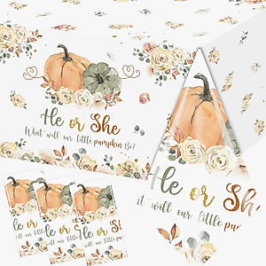 Peghoqu Fall Pumpkin Gender Reveal Tablecloth,He or She Pumpkin Floral Gender Reveal Party Decorations,What Will Our Little Pumpkin Be Disposable Table Cover for Autumn Baby Shower Supplies