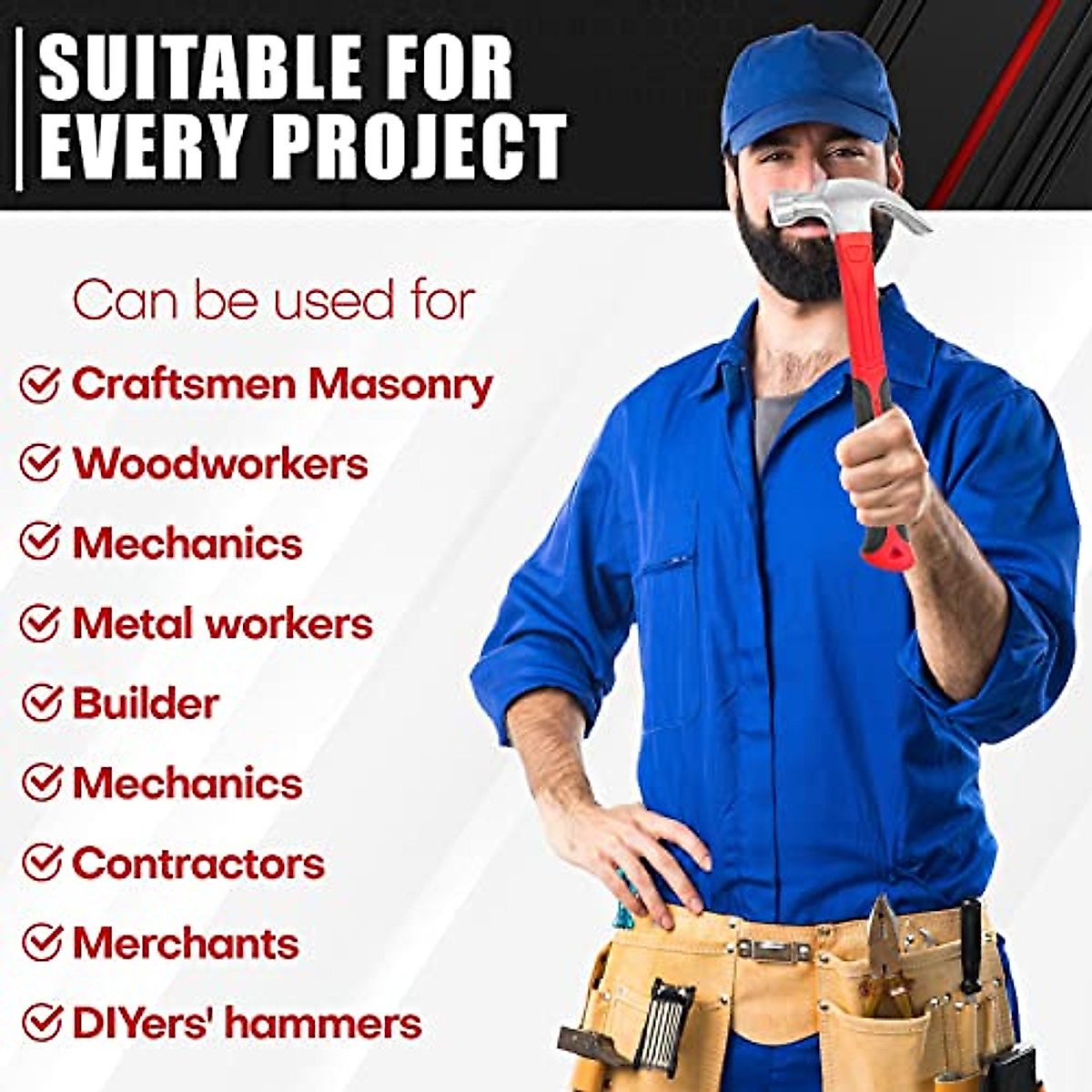 C&T 2 Piece Hammer Set,8oz Stubby Claw Hammer With Magnetic Nail Starter & 16oz Fiberglass General Purpose Claw Hammer & 560pcs Hardware Nail Assortment Kit, Soft Nonslip Handle & Heat Treated Head