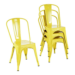 Nazhura Metal Dining Chair Farmhouse Tolix Style for Kitchen Dining Room Café Restaurant Bistro Patio, 18 Inch, Stackable, Waterproof Indoor/Outdoor (Sets of 4) (Steel Seat, Yellow)