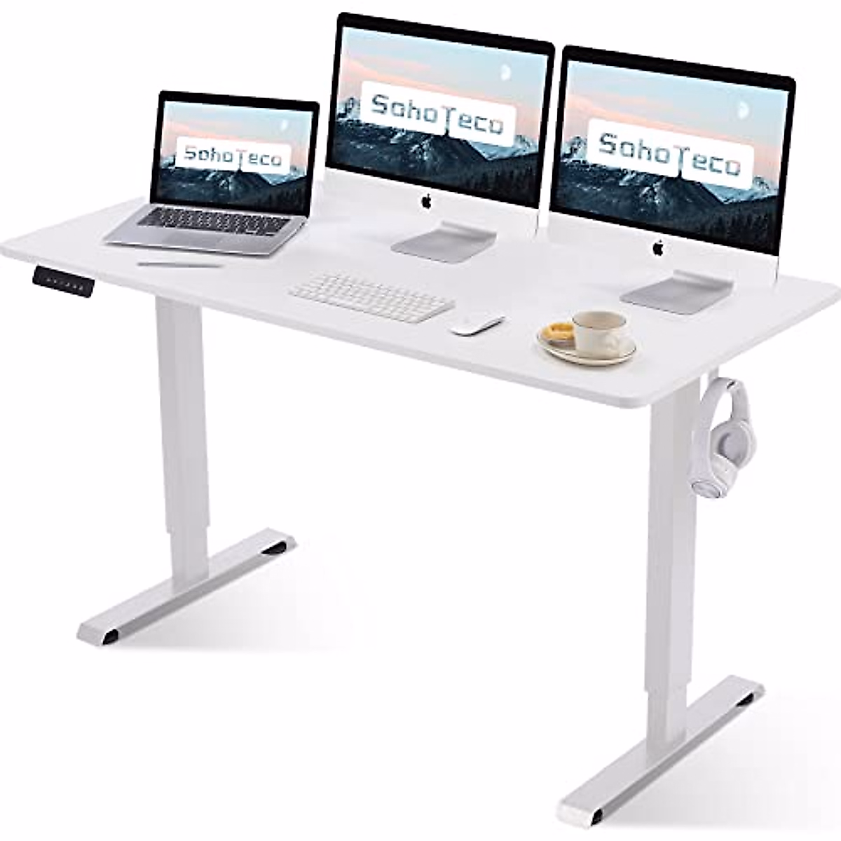 Electric Standing Desk, 55x24 Height Adjustable Sit Stand Desk with Memory Presets, Large Computer Desk for Home and Office, White Frame & White Desktop