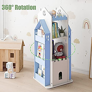 MYOYAY Rotating Bookshelf Kids 360° Rotating Children's Bookcase 3 Tier Swivel Bookshelf Stackable Book Dhelf Organizer Blue Kids Book Display Shelf for Home Child's Bedroom