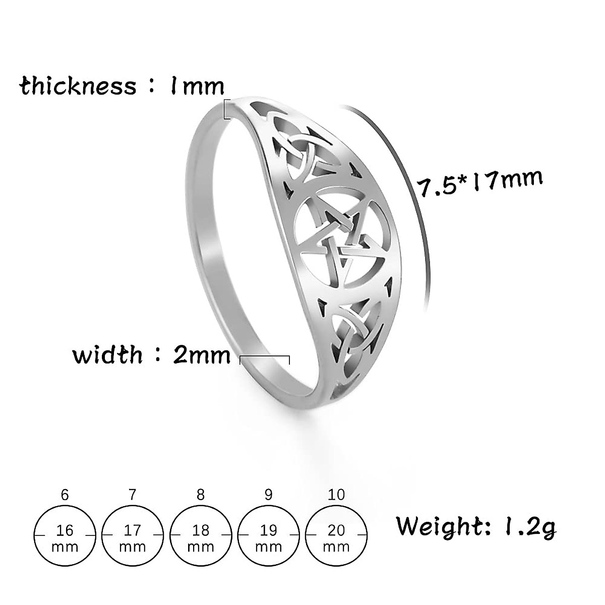 Amaxer Pentacle Pentagram Star Irish Celtic Triquetra Triangle Trinity Knot Finger Ring Stainless Steel Amulet Jewelry for Women (Silver, 7)