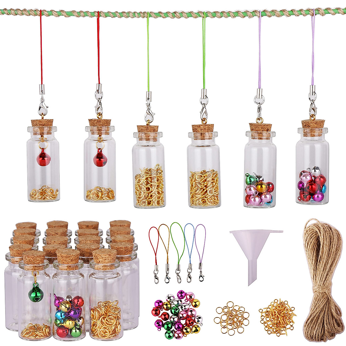 maxmau 25pcs Small Glass Bottles with Cork Stoppers DIY Art Craft Storage 10ml Mini Glass Vials,Tiny Jars for Wedding Party Favors Home Decoration with Connection Accessories Twine Bell