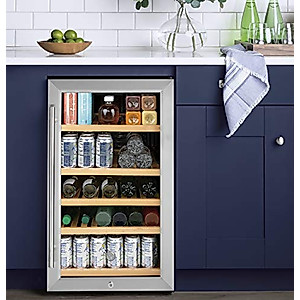 GE Wine Cooler & Beverage Refrigerator | Mini Fridge With Lock & Key Included | Complete With Oak Shelving, Glass Exterior & Warm Interior Lighting | Fits 109 Cans or 31 Wine Bottles | Stainless Steel