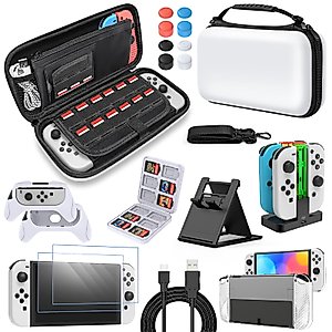 All in 1 Accessories Kits for Switch OLED 2021 Model：Case & Screen Protector, Hand Grips & Racing Wheels for Joy con, Controller Charger Dock, Carrying Case & More -White