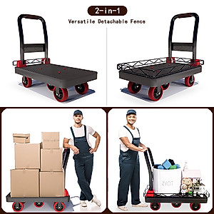 2IN1 Heavy Duty Platform Trucks Flatbed Carts, 42×26In 2000lbs Capacity Push Cart Dolly Hand Trucks w/Detachable Solid Steel Wire Fence, Collapsible Cage Cart Dolly, 5-Inch Silent TPR Wheels