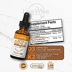 Vitamin D3 with K2 Liquid Drops, All Natural, Non GMO, 1208IU D3 and 25mcg K2 (MK7) Per Serving, Support Your Bones, Immune System and Energy Levels, with or Without Peppermint Oil…