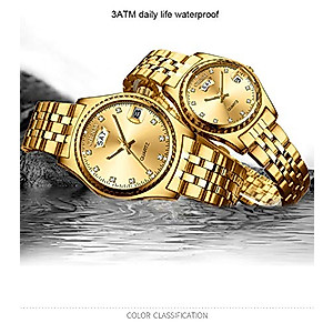 MASTOP Couple Watches Dress Wrist Watch Golden Watch Men Women Stainless Steel Waterproof Quartz Watch (8201 Gold)