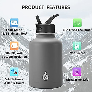 BJPKPK Insulated Water Bottles with Straw Lid,50oz Large Water Bottle,Stainless Steel Vacuum Water Bottle,Hot & Cold Insulated Water Bottles with 3 Lids and Paracord Handle,Gray