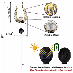 VCOKEN Solar Stake Lights Outdoor Decorative - Garden Solar Lights, Flame Shape Bronze Solar Garden Light, Waterproof Crackle Glass Led Light for Pathway, Lawn, Yard Decor