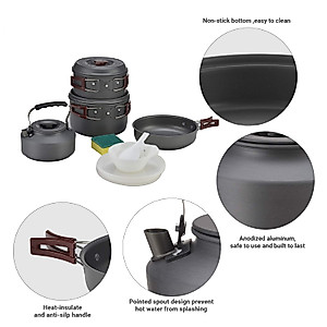 Bulin Camping Cookware Mess kit, Backpack Portable Campfire Cooking Pots Pans Kettle Set, Durable Lightweight Aluminum Cook Gear for Open Fire Hiking, Outdoor, Picnic (BPA Free Bowls, Plates)