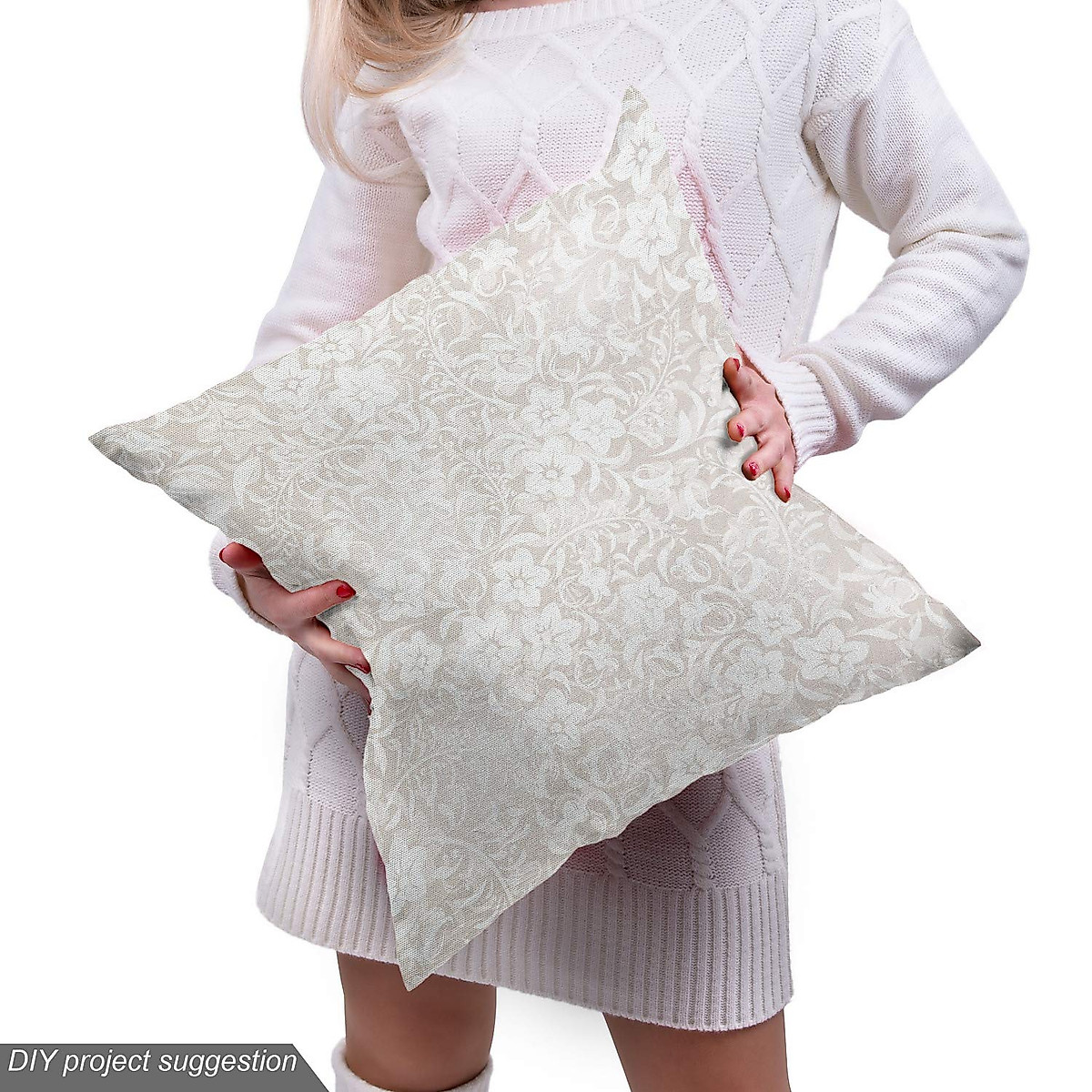 Ambesonne Ivory Fabric by The Yard, Floral Pattern Spring Season Blossoms Branches Leaf Beauty Field Ornamental Design, Decorative Fabric for Upholstery and Home Accents, 1 Yard, Beige White