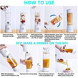 Portable Blender, Smoothie Blender with 16oz Travel Glass Cup and Lid 4000mAh Battery 7.4V Strong Power Personal Size Blender USB Rechargeable Mini Juicer Cup Travel Blender for Shakes and Smoothies with Stainless Steel 6 Blades BPA Free(White)