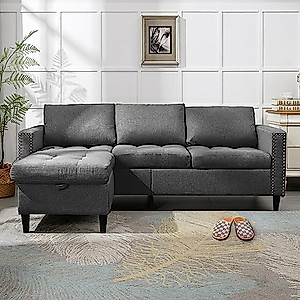 BALUS Reversible Sectional Couch Set 3 Seat L Shaped Modular Sofa Bed with Flexible Storage Ottoman Chaise Modern Sofa Couches for Living Room Apartment Office - Dark Grey