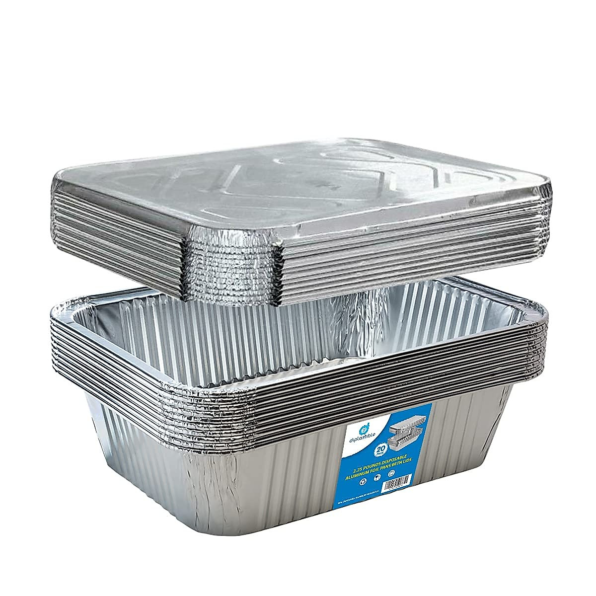 Diplastible Oblong Disposable Aluminum Pans with Lids - 20 Pack - 8.5 x 6 x 2.5 in 5-lb Pan with Foil Covers Perfect for Baking Cooking Food and Storage Container