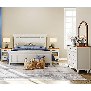 WAMPAT 3 Piece Dresser and Nightstand Sets for Bedroom,Mid-Century Modern Dresser with 6 Drawers,2 End Table with Charging Station, White