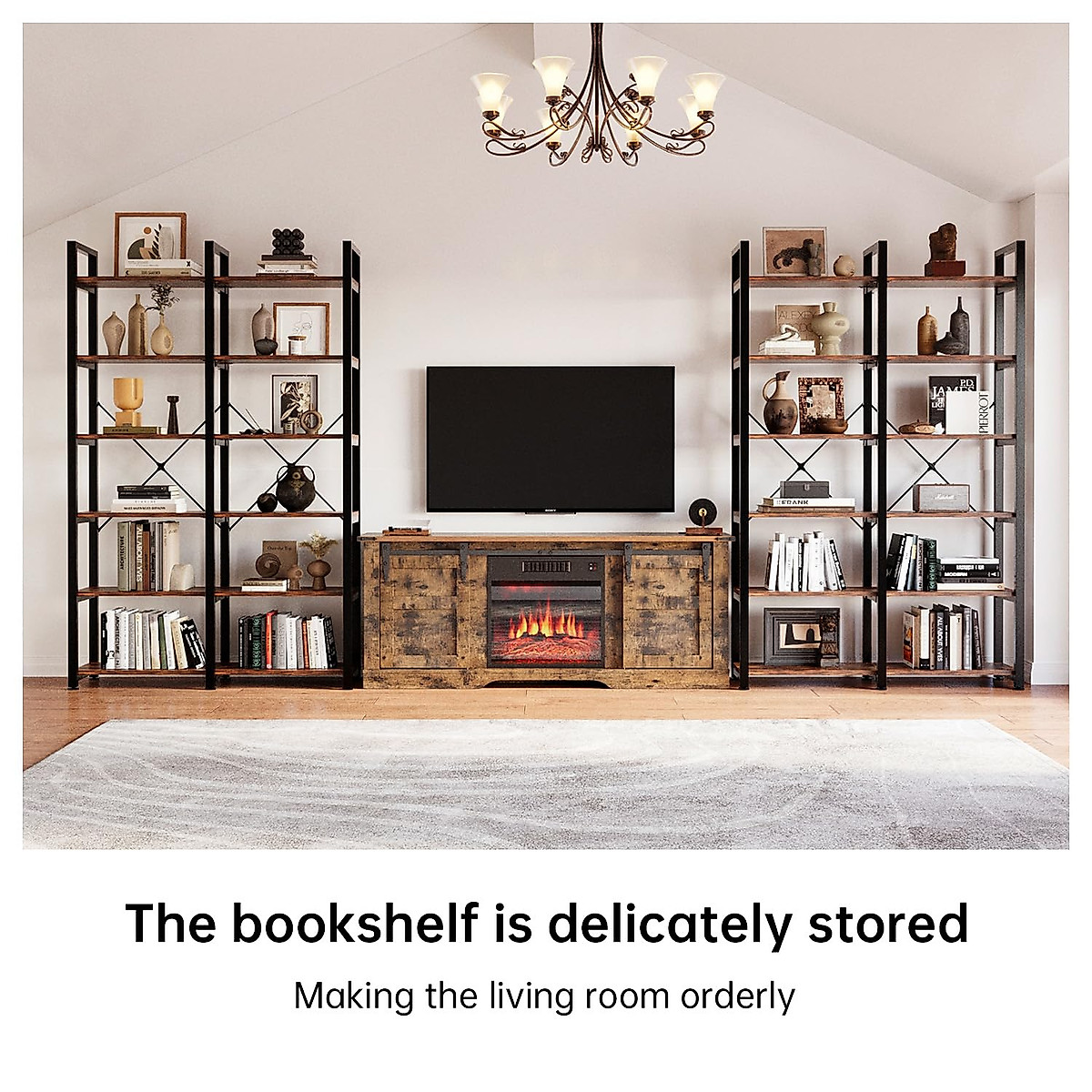 MXV Double Wide Book Shelf, Industrial Bookshelf with Metal Frame, Open Large Book Shelf, Wood and Tall Display Shelves for Home and Office, 6-Tier, Rustic Brown and Black