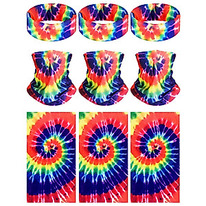 9 Pieces Hippie Tie Dye Bandana Headband Hippie Costume Set Hippie Non Slip Head Tie Hippie Neck Gaiter Gay Pride Rainbow Sun Protection Face Mask Balaclava for 60s 70s Hippie Accessories