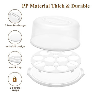 Cake Carrier with Lid and Handle, Multipurpose Cake Stand Fits 10 inch Cake, Cupcake Containers for 11 Cupcakes，Cake Holder Serves as Five Section Serving Tray, Portable Cheesecake Container, White