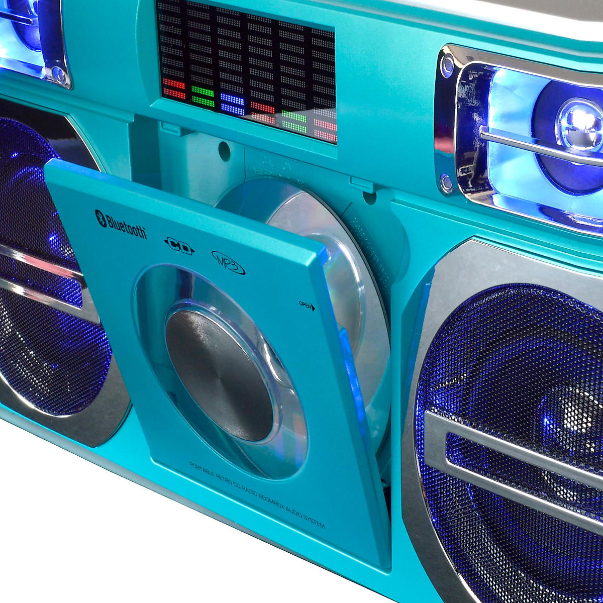 Studebaker Vintage Aqua Turquoise 80's Retro Street Bluetooth Wireless Streaming Boombox Rechargeable Battery, CD/MP3 Player, AM/FM, USB, Multi Color LED EQ, Full-Range High Bass Speakers & AC/DC -