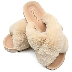 KuaiLu Womens furry ladies slides Open Toe Slippers cozy Lightweight Soft Yoga Mat Cross Band Slippers fluffy warm Slippers