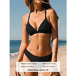 CUPSHE Bikini Set for Women Two Piece Swimsuits V Neck Low Rise Crisscross Back Self Tie Spaghetti Straps,M Black