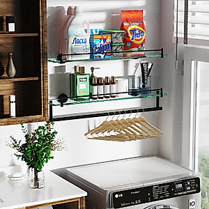 KOCOK Glass Bathroom Shelf for Wall,24-Inch Black Floating Glass Shelves for Bathroom Modern Stainless Steel Tempered Glass Shelf Wall Mount Accessories(Matte Black)