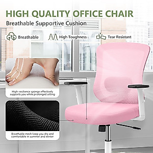 Winrise Office Chair Ergonomic Desk Chairs with Lumbar Support and Flip-up Arms, Comfortable Breathable Mesh Computer Executive Chair with Swivel Task, Adjustable Height 4'', Home, Bedroom -Pink
