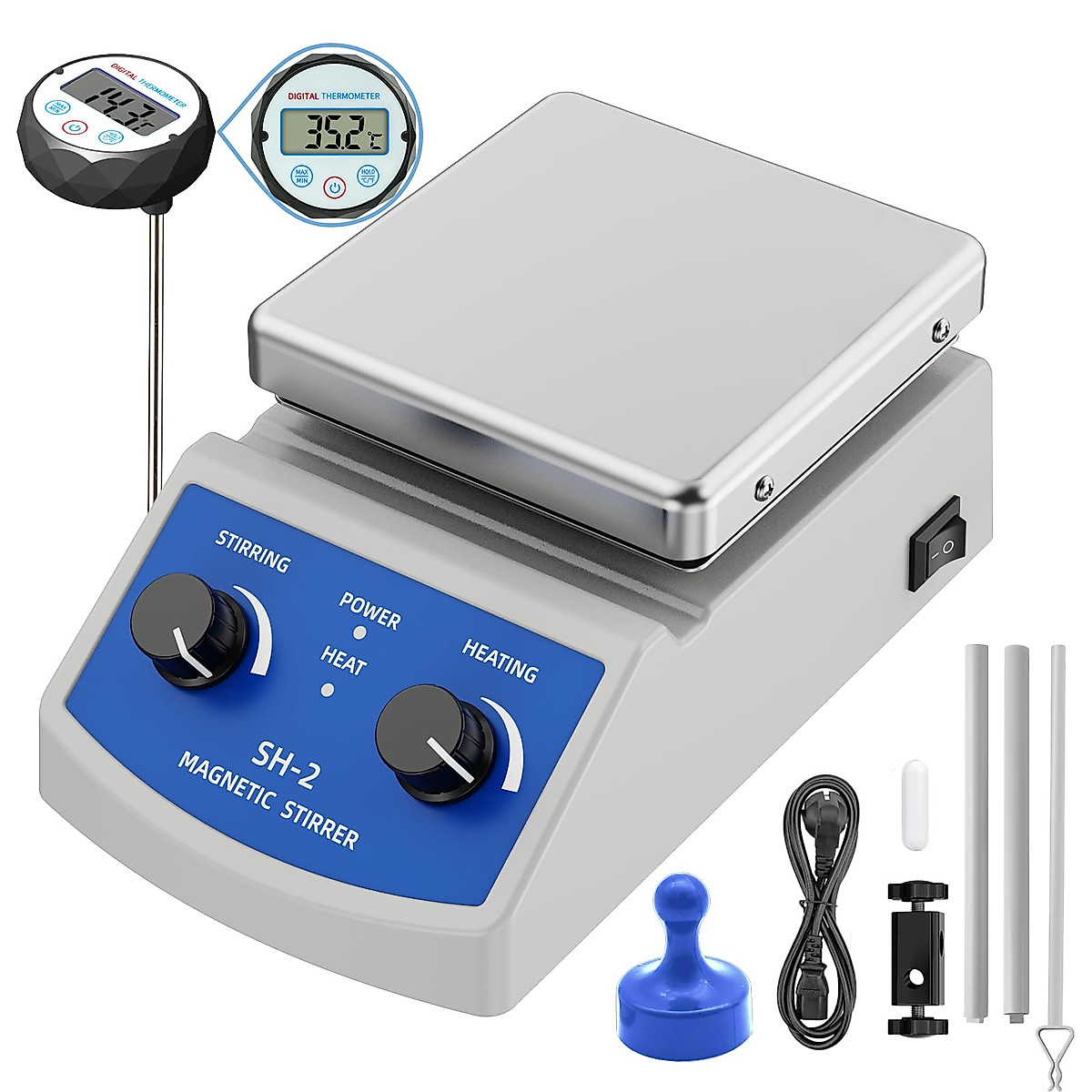 Magnetic Stirrer Hot Plate w/Thermometer, Magnetic Stir Plate w/Stir Bar Retriever, Max.520℉ Hot Plate Stirrer, 100~2000RPM Magnetic Hotplate Stirrer w/Stir Bar n Support Stand