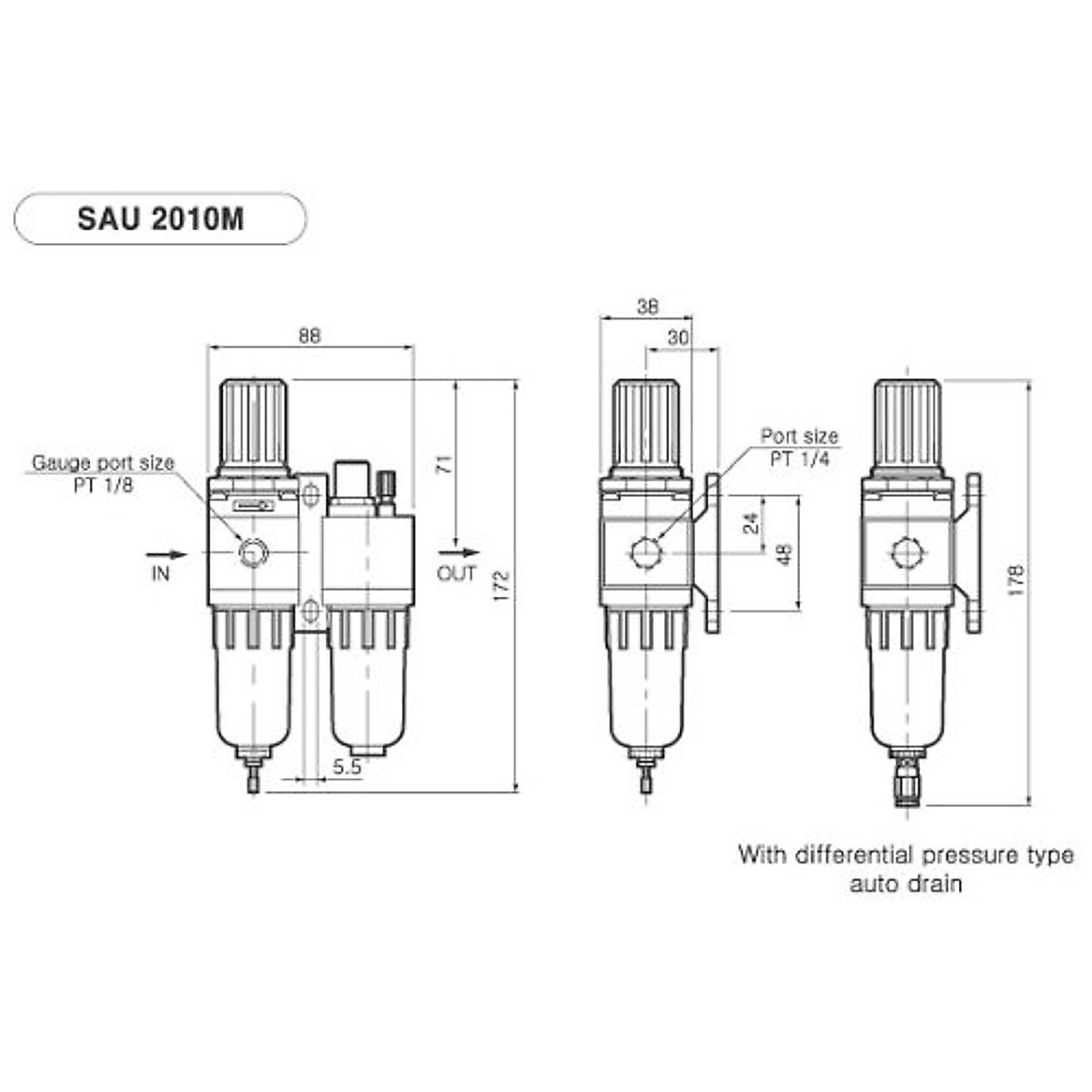 PneumaticPlus SAU2010M-N02G Mini Two-Unit Compressed Air Filter Regulator Lubricator Piggyback Combo 1/4" NPT - Poly Bowl, Manual Drain, Gauge