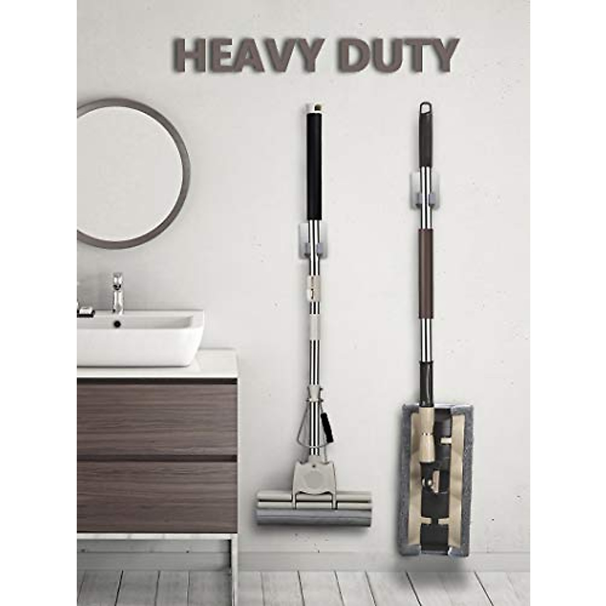 HANZE 2 Pack Stainless Steel Mop Broom Holder Organizer, Self Adhesive Wall Mounted Mop Organizer Storage Rack Clip for Kitchen Bathroom and Garage (Rectangle, Large)